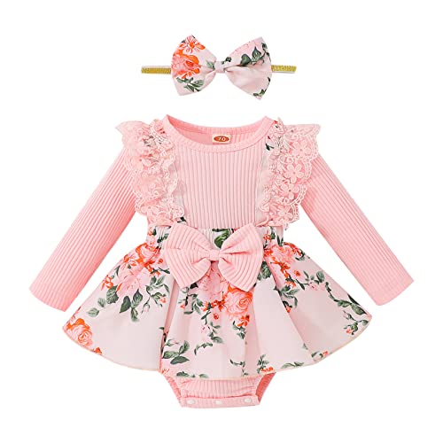 Newborn Baby Girl Ribbed Floral Suspender Dress with Headband 0 3 6 9 12 18 24 Months Fall Outfits Pink-1 0-3 Months