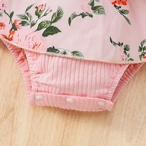 Newborn Baby Girl Ribbed Floral Suspender Dress with Headband 0 3 6 9 12 18 24 Months Fall Outfits Pink-1 0-3 Months