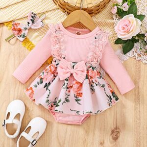 Newborn Baby Girl Ribbed Floral Suspender Dress with Headband 0 3 6 9 12 18 24 Months Fall Outfits Pink-1 0-3 Months