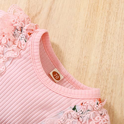 Newborn Baby Girl Ribbed Floral Suspender Dress with Headband 0 3 6 9 12 18 24 Months Fall Outfits Pink-1 0-3 Months