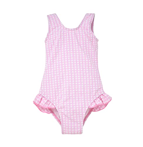 Flap Happy Baby/Toddler One Piece Swimsuit | Girls' Delaney Hip Ruffle Swimsuit | UPF 50+ Highest Certified UV Sun Protection, Pink Gingham Seersucker, 24M