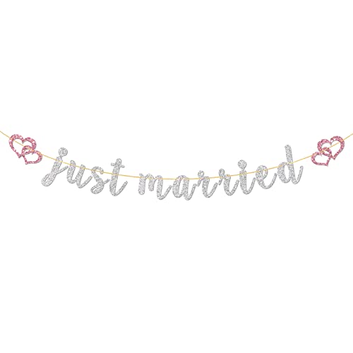 T-minimalist Just Married Banner, Wedding Party Bunting Decorations, Just Married Sign Banner for Bridal Shower / Wedding / Engagement Party Decoration, Silver, 6.8 Feet