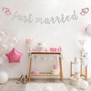 T-minimalist Just Married Banner, Wedding Party Bunting Decorations, Just Married Sign Banner for Bridal Shower / Wedding / Engagement Party Decoration, Silver, 6.8 Feet