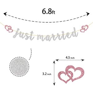 T-minimalist Just Married Banner, Wedding Party Bunting Decorations, Just Married Sign Banner for Bridal Shower / Wedding / Engagement Party Decoration, Silver, 6.8 Feet