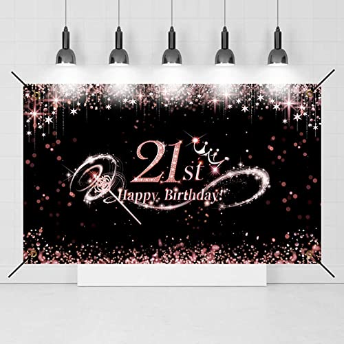 Rose Gold Happy 21st Birthday Banner Backdrop Decorations for Girls Extra Large Fabric 21 Year Old Birthday Finally Legal Twenty One Party Photography Background Decor Sign Photo Booth Party Supplies