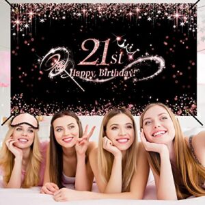 Rose Gold Happy 21st Birthday Banner Backdrop Decorations for Girls Extra Large Fabric 21 Year Old Birthday Finally Legal Twenty One Party Photography Background Decor Sign Photo Booth Party Supplies