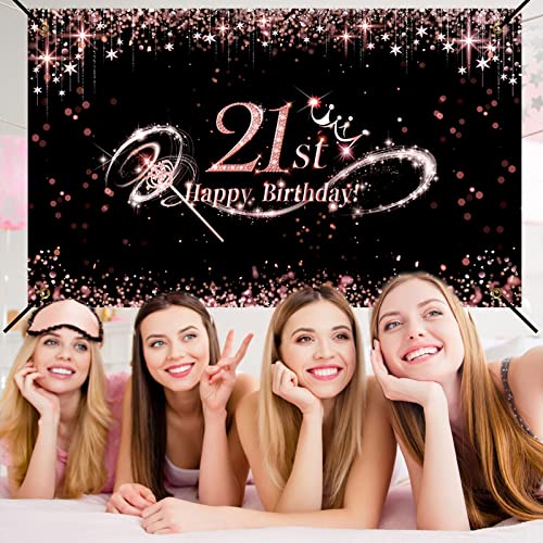 Rose Gold Happy 21st Birthday Banner Backdrop Decorations for Girls Extra Large Fabric 21 Year Old Birthday Finally Legal Twenty One Party Photography Background Decor Sign Photo Booth Party Supplies