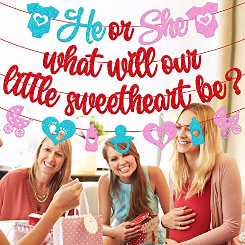 He or She What Will Our Little Sweetheart Be Banner Happy Valentine's Day Gender Reveal Boy or Girl He or She Heart Love Romantic celebration Decorations Baby Shower Party Supplies