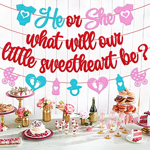 He or She What Will Our Little Sweetheart Be Banner Happy Valentine's Day Gender Reveal Boy or Girl He or She Heart Love Romantic celebration Decorations Baby Shower Party Supplies