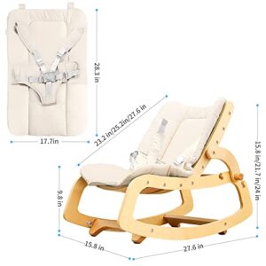 MallBest 3-in-1 Baby Bouncer Adjustable Wooden Rocker Chair Recliner with Removable Cushion and Seat Belt for Infant to Toddler (Beige)