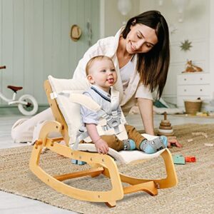 MallBest 3-in-1 Baby Bouncer Adjustable Wooden Rocker Chair Recliner with Removable Cushion and Seat Belt for Infant to Toddler (Beige)