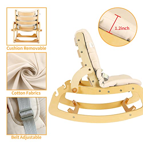 MallBest 3-in-1 Baby Bouncer Adjustable Wooden Rocker Chair Recliner with Removable Cushion and Seat Belt for Infant to Toddler (Beige)