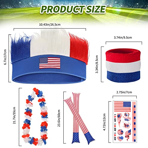 MOVINPE American Patriotic Accessories, USA Flag Wig, Red White and Blue Flower Leis Thunder Sticks Wristband Tattoos, Decoration for World Cup Soccer Supporters, Independence Celebration 4th of July