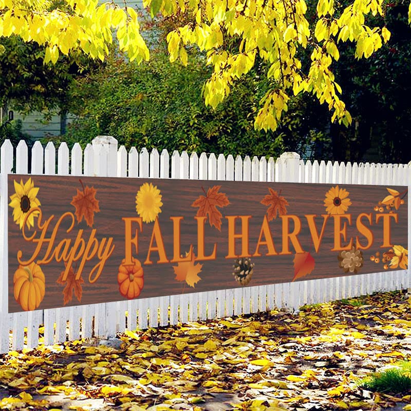 98"x 19" Large Happy Fall Harvest Banner- Long Fall Thanksgiving Outdoor Decoration Banner Background Orange Leaves Pumpkin Autumn Banner for Wall Office Fence Yard Garage Backdrop