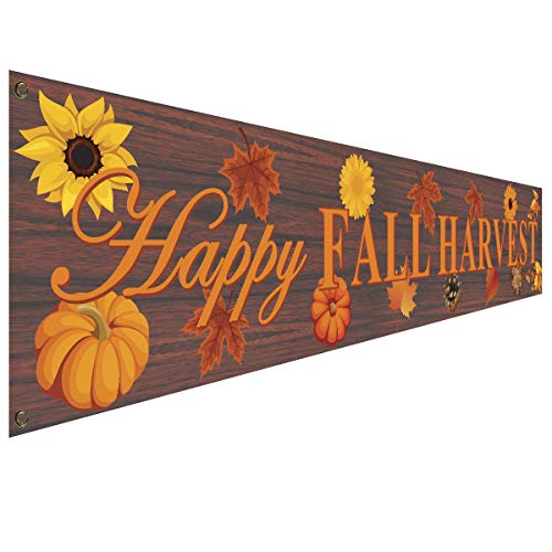 98"x 19" Large Happy Fall Harvest Banner- Long Fall Thanksgiving Outdoor Decoration Banner Background Orange Leaves Pumpkin Autumn Banner for Wall Office Fence Yard Garage Backdrop