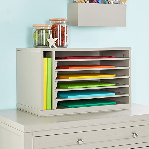 MARTHA STEWART Crafting Kids' Paper Organizer - Gray, Tabletop Construction Paper Storage with Compartments, Wooden 6 Tray Sorter