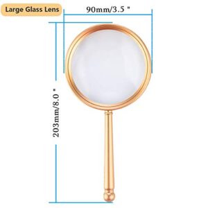 Magnifying Glass,5X Handheld Magnifier with Large Glass Lens and Metal Handle, Magnifying Glasses for Reading, Close Work, Hobbies, Inspection, Science and Crafts, Great for Seniors and Kids (Gold)