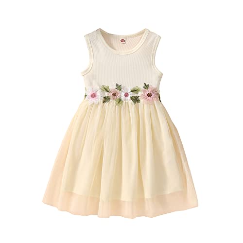 Toddler Girl Floral Tutu Dress Sleeveless Tulle Sundress Flower Princess Party Dresses for 2-6 Years(Beige, 4-5X)