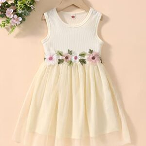 Toddler Girl Floral Tutu Dress Sleeveless Tulle Sundress Flower Princess Party Dresses for 2-6 Years(Beige, 4-5X)