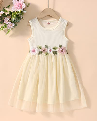 Toddler Girl Floral Tutu Dress Sleeveless Tulle Sundress Flower Princess Party Dresses for 2-6 Years(Beige, 4-5X)