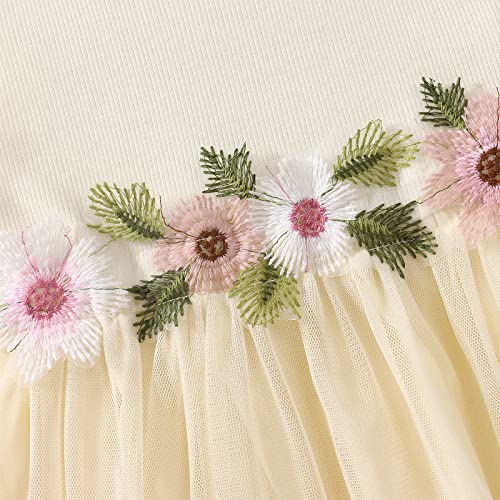 Toddler Girl Floral Tutu Dress Sleeveless Tulle Sundress Flower Princess Party Dresses for 2-6 Years(Beige, 4-5X)