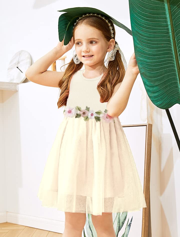 Toddler Girl Floral Tutu Dress Sleeveless Tulle Sundress Flower Princess Party Dresses for 2-6 Years(Beige, 4-5X)