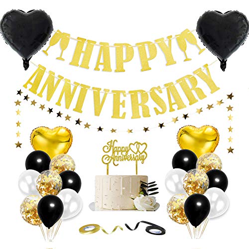 Happy Anniversary Decorations, Happy Wedding Anniversary Decorations with Banner, Cake Topper, Glitter Hanging, Ribbon and Balloons for All Ages' Anniversary Party Decorations (Black/Gold)