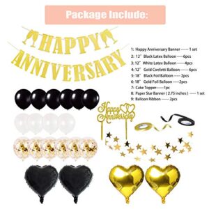 Happy Anniversary Decorations, Happy Wedding Anniversary Decorations with Banner, Cake Topper, Glitter Hanging, Ribbon and Balloons for All Ages' Anniversary Party Decorations (Black/Gold)