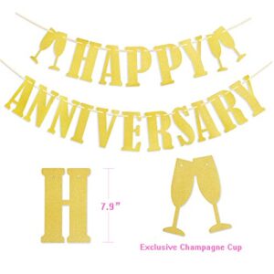 Happy Anniversary Decorations, Happy Wedding Anniversary Decorations with Banner, Cake Topper, Glitter Hanging, Ribbon and Balloons for All Ages' Anniversary Party Decorations (Black/Gold)