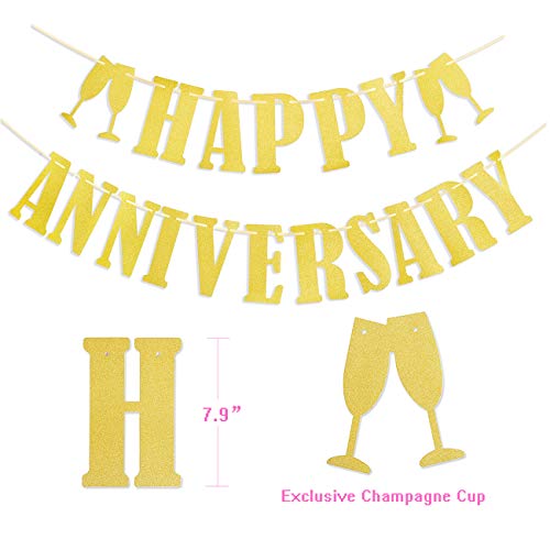 Happy Anniversary Decorations, Happy Wedding Anniversary Decorations with Banner, Cake Topper, Glitter Hanging, Ribbon and Balloons for All Ages' Anniversary Party Decorations (Black/Gold)