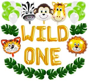 wild one first birthday balloon set kit, 1st animal theme bday party banner set for boy girl