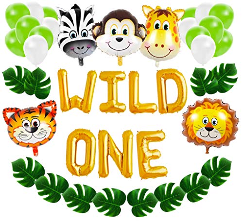 Wild One First Birthday Balloon Set Kit, 1st Animal Theme Bday Party Banner Set for Boy Girl