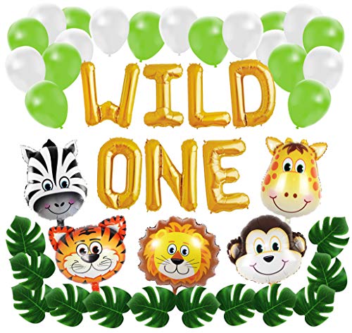 Wild One First Birthday Balloon Set Kit, 1st Animal Theme Bday Party Banner Set for Boy Girl