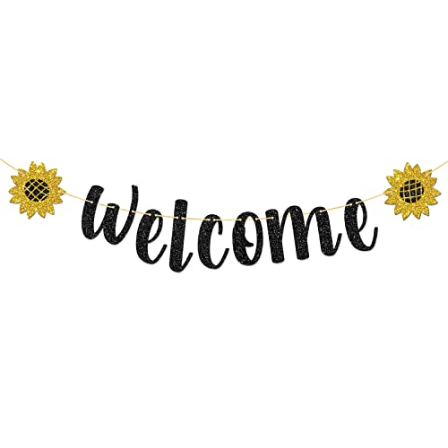 T-minimalist Welcome Banner, Black Glitter Hanging Sign Party Banner Decorations, Induction Party | Welcome Home | School New Terms Begins Welcome Sign Bunting Banner 6.3 Feet