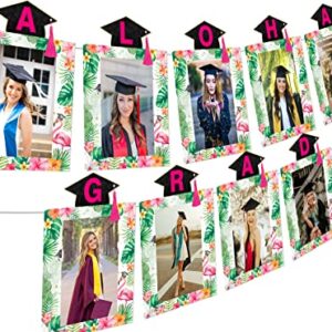 Tropical Aloha Graduation Photo Banner - Aloha Grad Photo Banner with Tassel, Summer Hawaiian Luau Congrats Grad Photo Banner for College Graduation Party Decorations