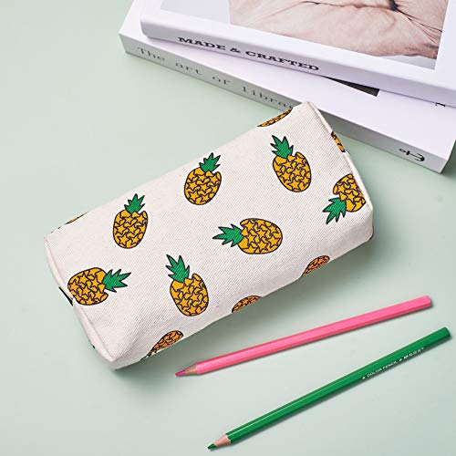 LParkin Cute Pineapple Teen Large Capacity Canvas Pencil Case Pen Bag Box Gadget Pouch Stationary Case Makeup Cosmetic Bag