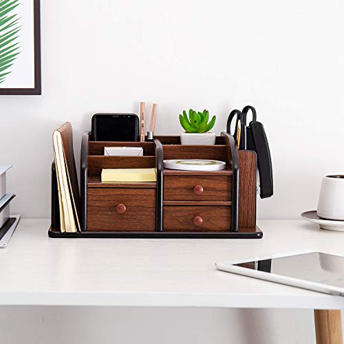 Brown Wooden Office Supplies Caddy Tabletop Storage Desk Organizer with Compartments 3 Drawers Slots 2 Shelves Racks Holder Pen, Pencil & Marker Cases Multifunction Desktop Stationery Accessory Sorter