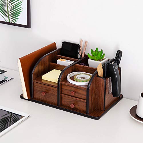 Brown Wooden Office Supplies Caddy Tabletop Storage Desk Organizer with Compartments 3 Drawers Slots 2 Shelves Racks Holder Pen, Pencil & Marker Cases Multifunction Desktop Stationery Accessory Sorter