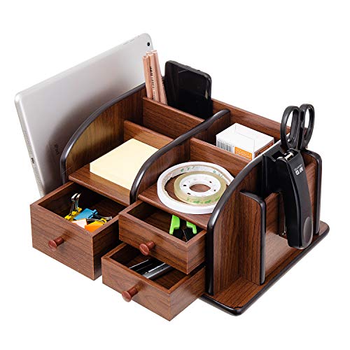 Brown Wooden Office Supplies Caddy Tabletop Storage Desk Organizer with Compartments 3 Drawers Slots 2 Shelves Racks Holder Pen, Pencil & Marker Cases Multifunction Desktop Stationery Accessory Sorter