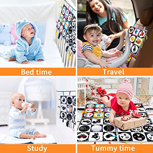 DPTOYZ Newborn Toys 0-6 Months, Tummy Time Toys with Mirror and Teether, High Contrast Baby Toys Black and White Sensory Toys for Babies 0-6-12-18 Months, Play Mats Infant Boy Girl Gift Set-Pack of 4