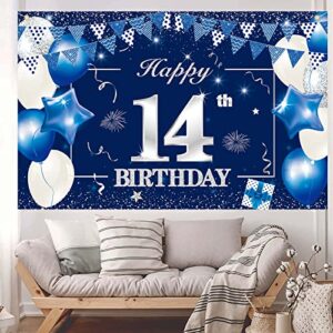 P.G Collin Happy 14th Birthday Banner Backdrop Sign Background, 14 Birthday Party Decorations Supplies for Boys Girls 6 x 4ft Blue Silver