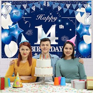 P.G Collin Happy 14th Birthday Banner Backdrop Sign Background, 14 Birthday Party Decorations Supplies for Boys Girls 6 x 4ft Blue Silver