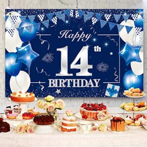 P.G Collin Happy 14th Birthday Banner Backdrop Sign Background, 14 Birthday Party Decorations Supplies for Boys Girls 6 x 4ft Blue Silver