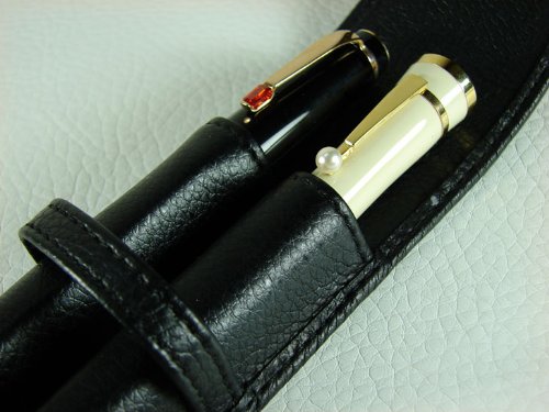 Lanxivi Double Pen Genuine Leather Pouch Case Top Washed Cowhide (Black)