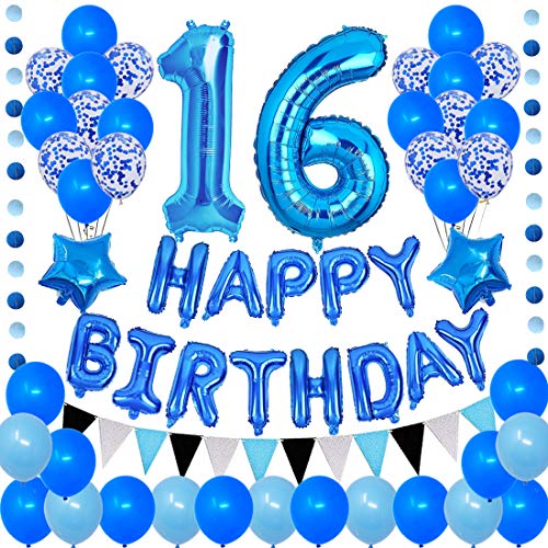 Succris 16TH Blue Theme for 16 Years Old Birthday Party Supplies Blue Happy Birthday Banner Blue Circle Dots Garland Paper Hanging Triangle Flag Banner Confetti balloons Number 16 Blue