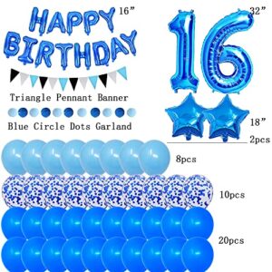 Succris 16TH Blue Theme for 16 Years Old Birthday Party Supplies Blue Happy Birthday Banner Blue Circle Dots Garland Paper Hanging Triangle Flag Banner Confetti balloons Number 16 Blue