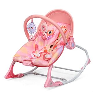 honey joy baby rocker chair, newborn bouncer chair w/ toy-bar & sound, infant to toddler stationary seating w/fold-out kickstand, vibration calming & 3 recline positions, bouncy seat for babies (pink)