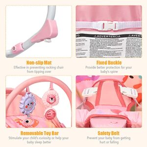 HONEY JOY Baby Rocker Chair, Newborn Bouncer Chair w/ Toy-Bar & Sound, Infant to Toddler Stationary Seating w/Fold-Out Kickstand, Vibration Calming & 3 Recline Positions, Bouncy Seat for Babies (Pink)