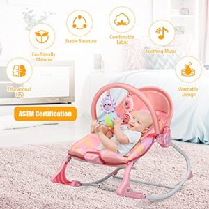 HONEY JOY Baby Rocker Chair, Newborn Bouncer Chair w/ Toy-Bar & Sound, Infant to Toddler Stationary Seating w/Fold-Out Kickstand, Vibration Calming & 3 Recline Positions, Bouncy Seat for Babies (Pink)