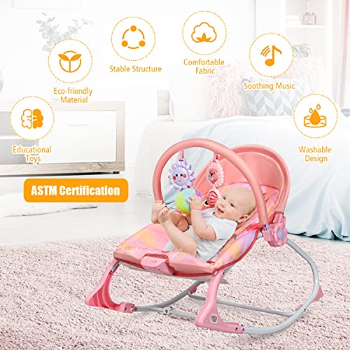 HONEY JOY Baby Rocker Chair, Newborn Bouncer Chair w/ Toy-Bar & Sound, Infant to Toddler Stationary Seating w/Fold-Out Kickstand, Vibration Calming & 3 Recline Positions, Bouncy Seat for Babies (Pink)